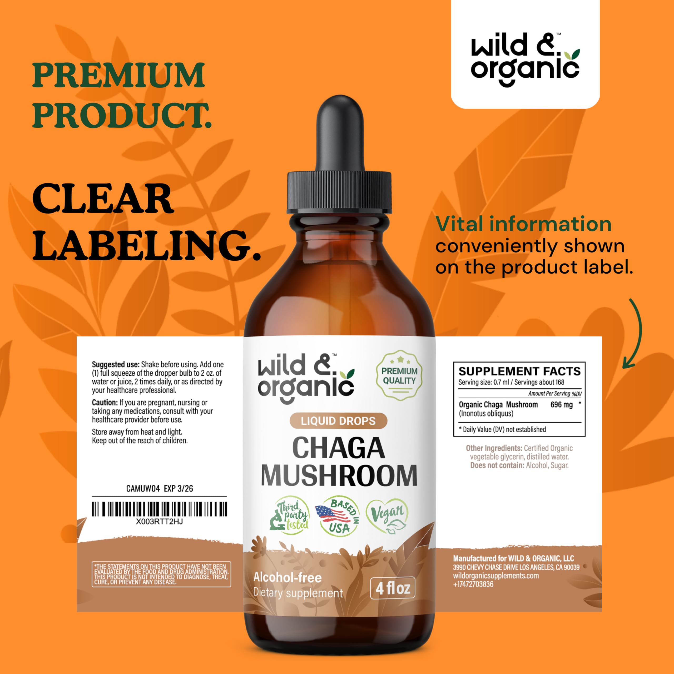 Chaga Mushroom Tincture - Immune Support Supplement w/Organic Chaga Mushrooms - Alcohol-Free Chaga Mushroom Drops for Immunity - Chaga Mushroom Supplement Liquid - Chaga Mushroom Extract - 4 oz