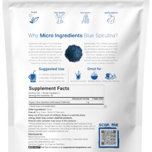 Organic Blue Spirulina Powder (Phycocyanin Extract), 60 Servings - No Fishy Smell, 100% Vegan Protein from Blue-Green Algae, Natural Luminous Food Coloring for Smoothies, Baking, Drinks & Cooking