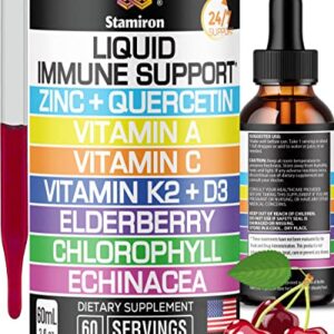 Zinc Quercetin Vitamin C D3 Liquid Immune Support with Vitamin A K2 Echinacea Chlorophyll and Elderberry - 9in1 Immune Defense Drops Complex for Immunity Health Respiratory Health - 60 Servings