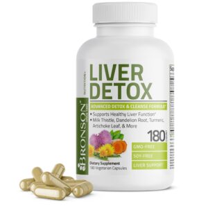 bronson liver detox advanced detox & cleansing formula supports health liver function with milk thistle, dandelion root, turmeric, artichoke leaf & more, non-gmo, 180 vegetarian capsules