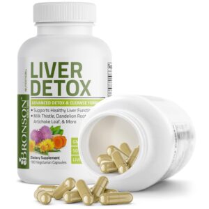 Bronson Liver Detox Advanced Detox & Cleansing Formula Supports Health Liver Function with Milk Thistle, Dandelion Root, Turmeric, Artichoke Leaf & More, Non-GMO, 180 Vegetarian Capsules