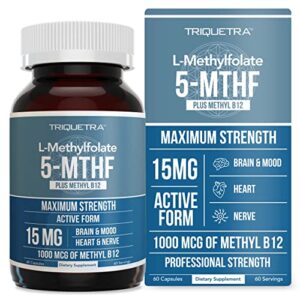 l methyl folate 15mg plus methyl b12 cofactor - professional strength, active 5-mthf form - supports mood, methylation, cognition – bioactive forms of vitamin b9 & b12 (60 capsules)