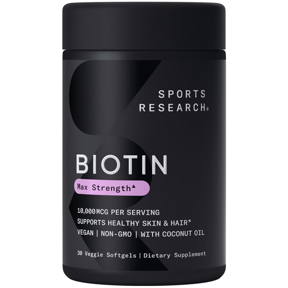 Sports Research Vegan Biotin 10,000mcg with Organic Coconut Oil - Max Strength Biotin Vitamin B7 for Healthier Hair & Skin and Keratin Support - Non-GMO & Gluten Free, 30 Softgels