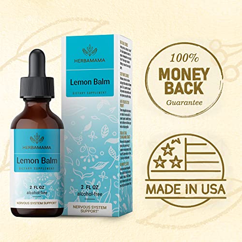 HERBAMAMA Lemon Balm Tincture - Organic Lemon Balm Herb Drops - Melissa Officinalis Liquid Extract - Vegan, Alcohol-Free - 2 fl oz