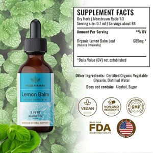 HERBAMAMA Lemon Balm Tincture - Organic Lemon Balm Herb Drops - Melissa Officinalis Liquid Extract - Vegan, Alcohol-Free - 2 fl oz