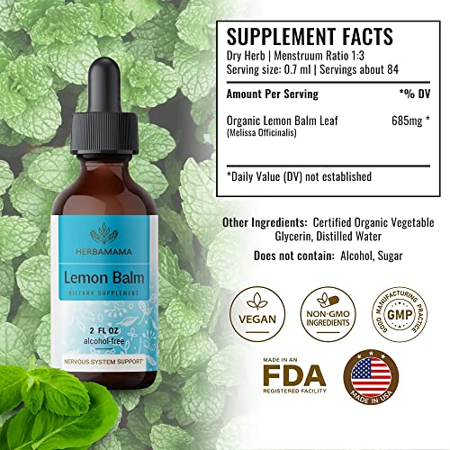 HERBAMAMA Lemon Balm Tincture - Organic Lemon Balm Herb Drops - Melissa Officinalis Liquid Extract - Vegan, Alcohol-Free - 2 fl oz