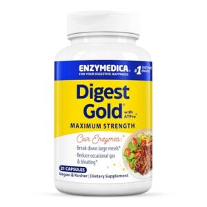 enzymedica digest gold + atpro, maximum strength enzyme formula, prevents bloating and gas, 14 key enzymes including amylase, protease, lipase and lactase, 21 capsules