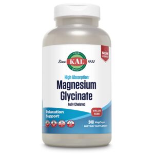 kal magnesium glycinate, new & improved fully chelated high absorption formula with bioperine, bisglycinate chelate for stress, relaxation, muscle & bone health support, 60 servings, 240 vegcaps