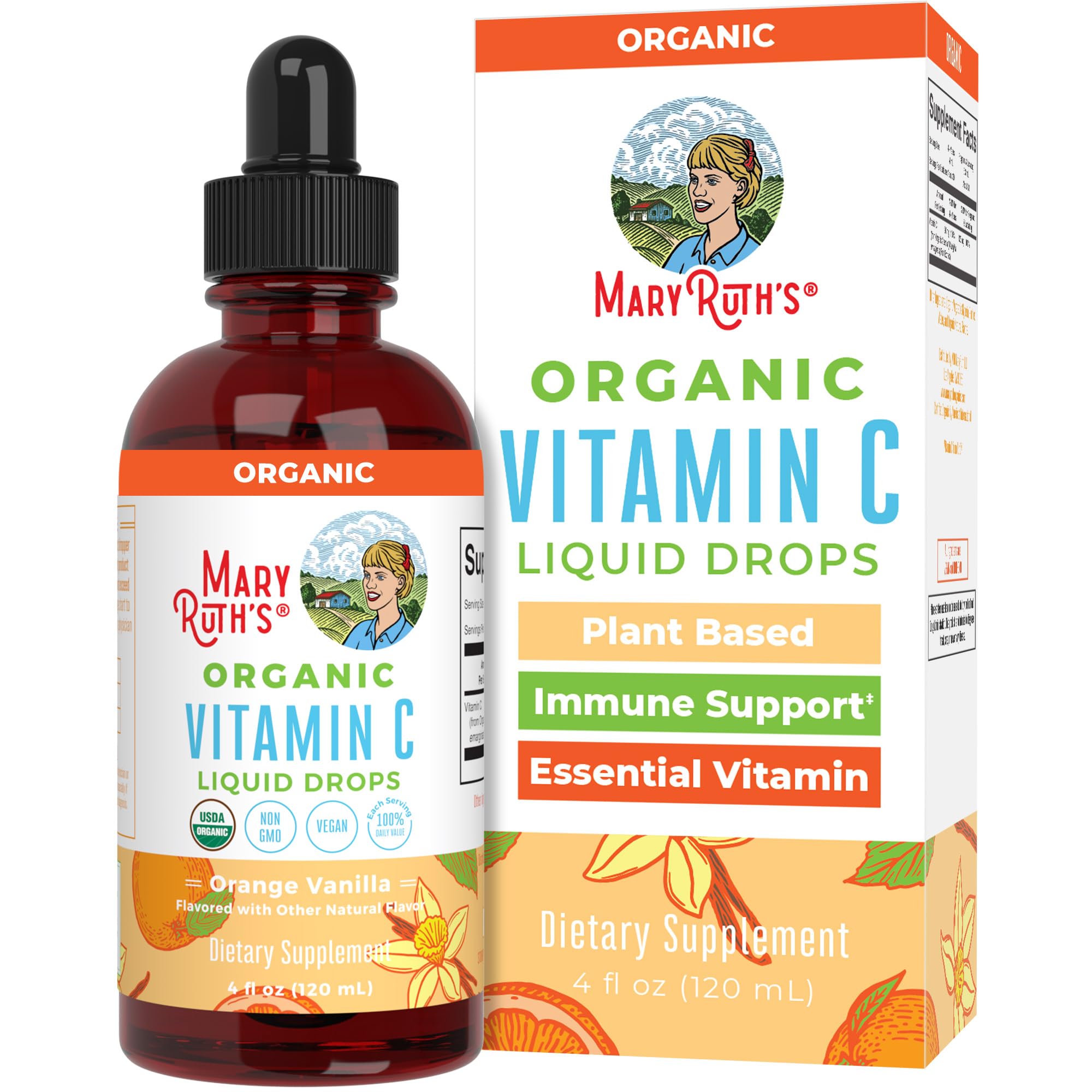 Organic Vitamin C Supplement by MaryRuth's | Liquid Vitamin C Liquid Drops for Adults & Kids | Immune Support Supplement for Overall Health | Vegan | Non-GMO | Gluten Free | 4 Fl Oz