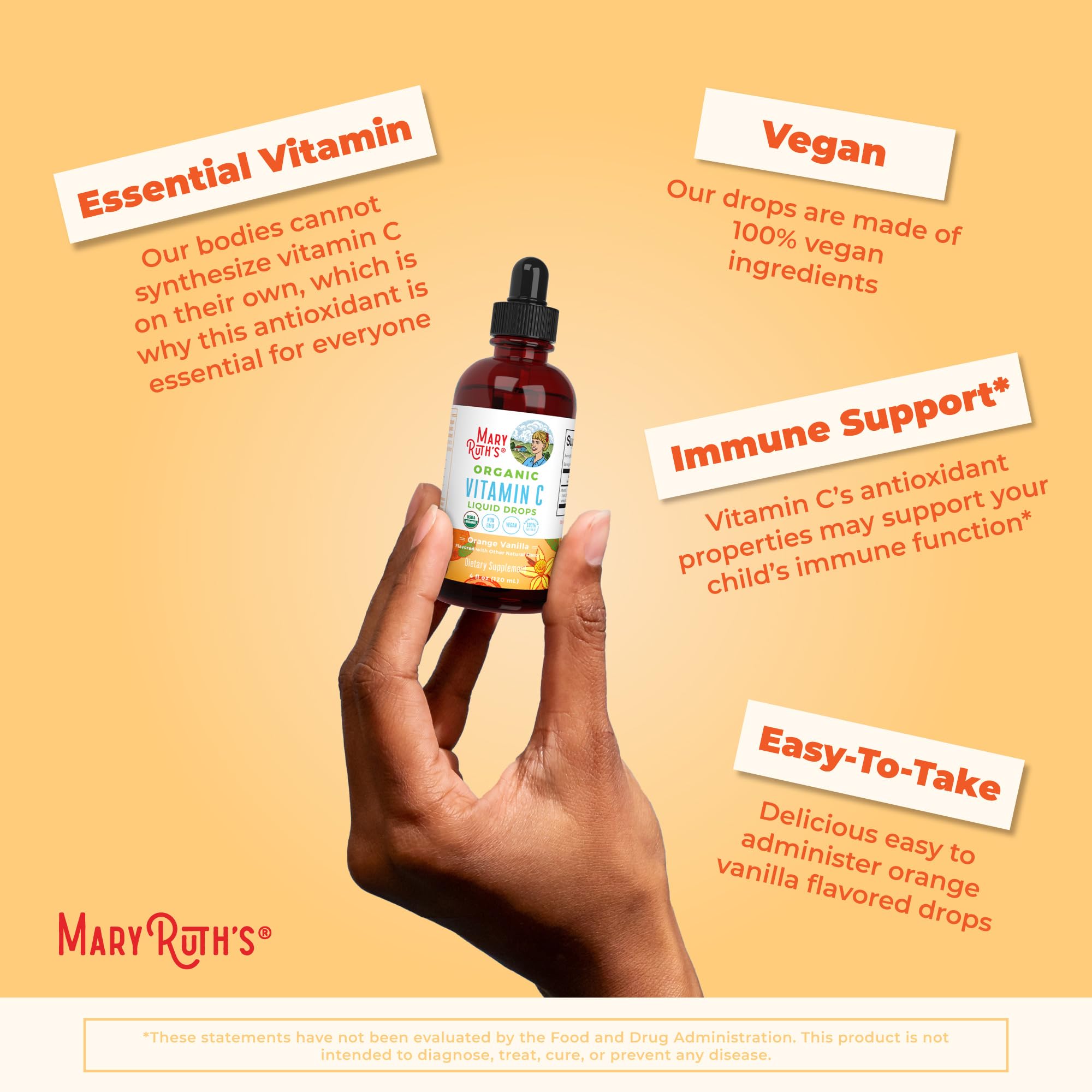 Organic Vitamin C Supplement by MaryRuth's | Liquid Vitamin C Liquid Drops for Adults & Kids | Immune Support Supplement for Overall Health | Vegan | Non-GMO | Gluten Free | 4 Fl Oz