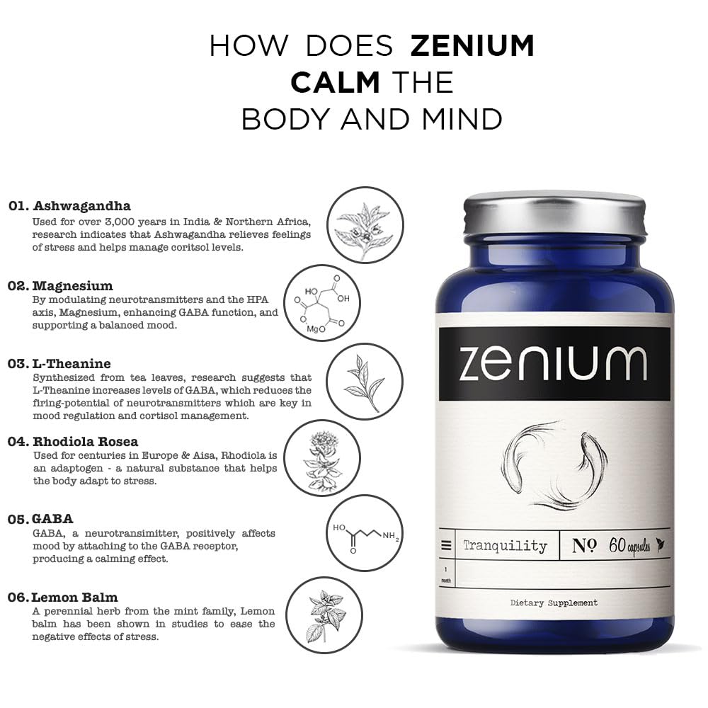 Zenium - Relieve Stress, Tension, Worry, Nervousness, & Irritability | Calm The Mind & Body | Ayurvedic | Natural Relief Supplement | Boosts Mood | Ashwagandha, L-Theanine, GABA, Rhodiola |60 Capsules