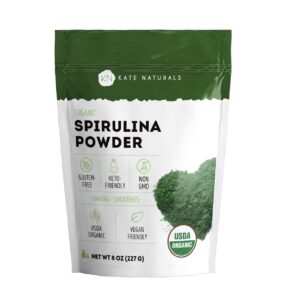 kate naturals organic spirulina powder for immune support and antioxidants. nutrient dense superfood supplement (8 oz, usda certified, non-gmo, gluten- free)