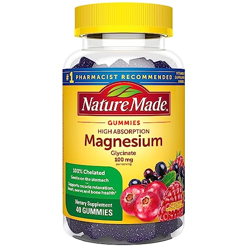 Nature Made High Absorption Magnesium Glycinate Gummies 100 mg per Serving, Muscle, Nerve, Bone and Heart Support, Magnesium Supplement, 40 Magnesium Gummies, 20 Day Supply