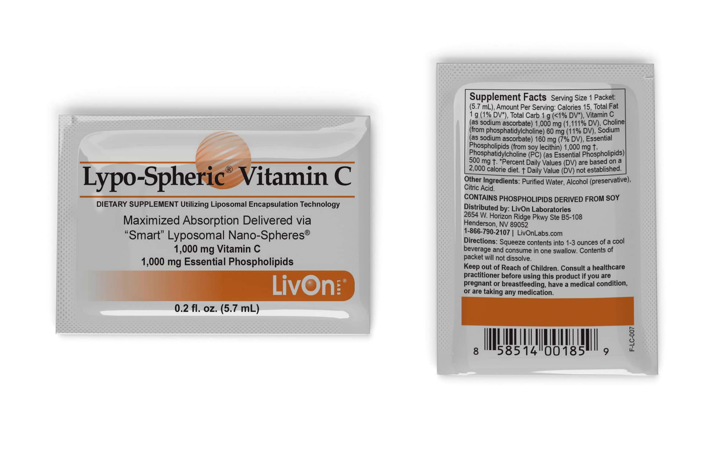 LivOn Laboratories Lypo–Spheric Liposomal Vitamin C 1000mg 30 Packets - No Sugar, Immune Support, Plant Based - Easy to Swallow, Absorbable, Convenient Individual Packets 100% Non–GMO, Gluten Free