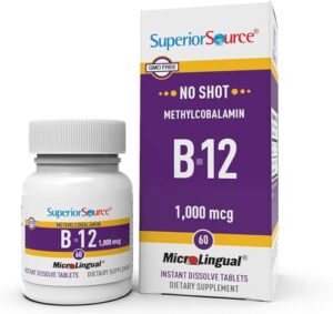 superior source no shot vitamin b12 methylcobalamin 1000 mcg, quick dissolve microlingual tablets, 60 count, active form of b12, supports energy production, nervous system support, non-gmo