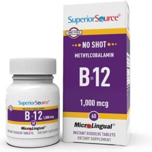 Superior Source No Shot Vitamin B12 Methylcobalamin 1000 mcg, Quick Dissolve MicroLingual Tablets, 60 Count, Active Form of B12, Supports Energy Production, Nervous System Support, Non-GMO