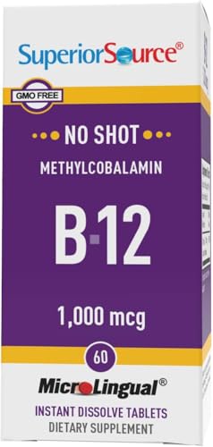 Superior Source No Shot Vitamin B12 Methylcobalamin 1000 mcg, Quick Dissolve MicroLingual Tablets, 60 Count, Active Form of B12, Supports Energy Production, Nervous System Support, Non-GMO