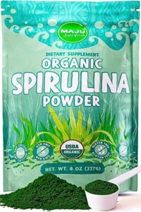 maju's organic spirulina powder .5 lb, microcystin free, non-irradiated, preferred to chlorella, preferred to hawaiian & blue algae, pure vegan green protein