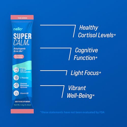 Nello Supercalm Powdered Drink Mix, Raspberry Lemonade, L Theanine, Ksm-66 Ashwagandha, Magnesium Glycinate, Vitamin D 3, Supplements for Relaxation & Focus, No Sugar, Non GMO, Vegan, On The Go, 20 Ct