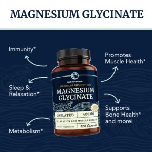 Magnesium Glycinate 400mg | High Absorption Formula for Sleep, Calm, Muscle Relaxation, Heart, Bone & Nerve Support for Women & Men | Chelated Magnesium Glycinate & Magnesium Supplement | 120 Capsules