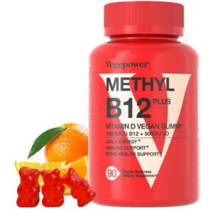 vegan vitamin b12 gummies with vitamin d - 90 count i 1000 mcg methyl b12 & d3 5000 iu chewable gummies supplements for adults & kids - supports bone health & daily energy boost - non-gmo, orange