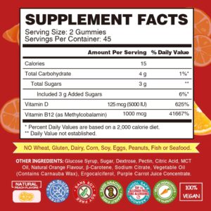 Vegan Vitamin B12 Gummies with Vitamin D - 90 Count I 1000 MCG Methyl B12 & D3 5000 IU Chewable Gummies Supplements for Adults & Kids - Supports Bone Health & Daily Energy Boost - Non-GMO, Orange