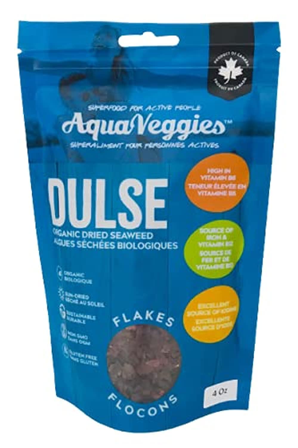 Aqua Veggies Organic Atlantic Dulse Flakes 4 Oz , Hand-Harvested, Sun-Dried Bay of Fundy, Excellent Source of Vitamins B6, B12, Iron, Iodine, Protein, Calcium and Fibre 4 Ounce