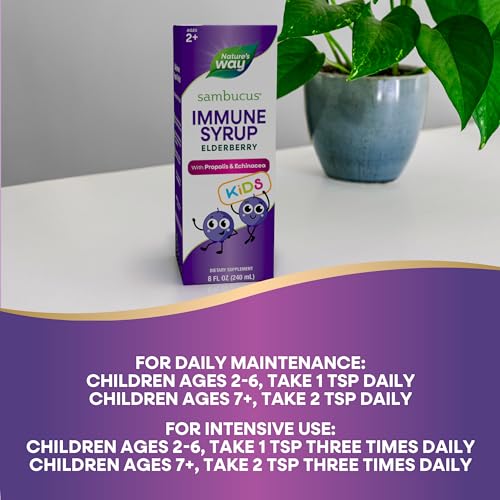 Nature's Way Sambucus Elderberry Immune Syrup for Kids Ages 2+, with Echinacea & Propolis, Daily Immune Support*, Vegetarian, Berry Flavored, 8 Fl Oz (Packaging May Vary)