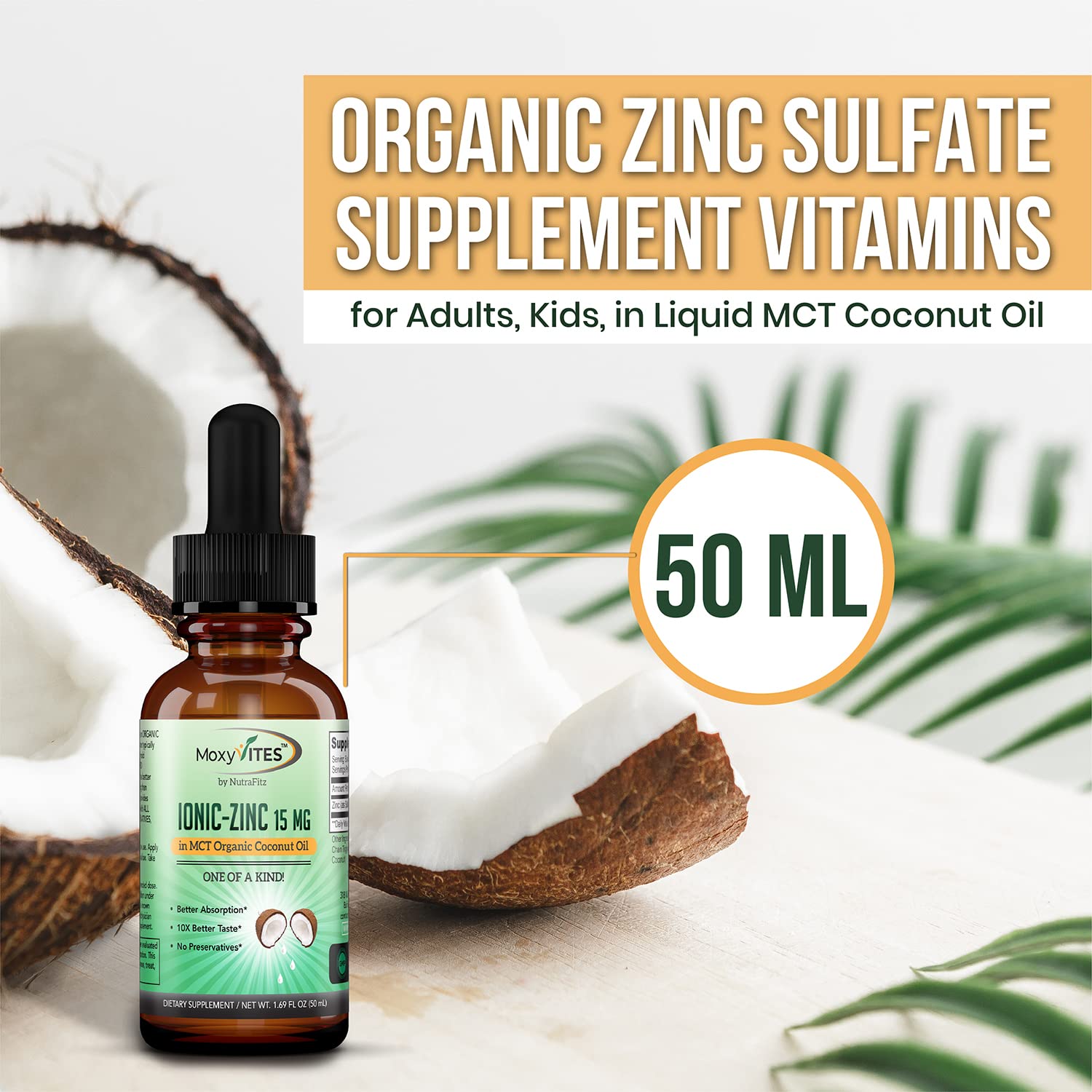 Organic Zinc Supplements for Kids, Adults - Zinc Sulfate - Liquid Zinc Supplement - Pure Ionic Zinc Drops in Coconut Oil for Immune Support, Skin - NO Preservatives & Great Taste - 100 Vegan Servings