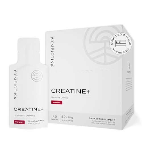 CYMBIOTIKA Creatine+, Creatine and Glutamine Supplement for Amino Energy, Recovery, Muscle Mass & Brain Support, Liposomal Delivery, Gluten Free & Vegan, Raspberry Flavor - 30ml Pouches (Pack of 20)