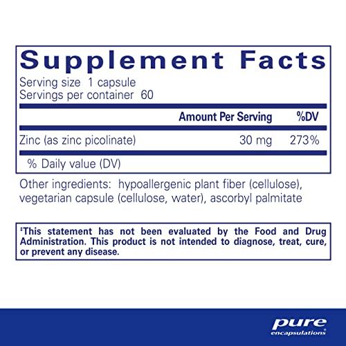 Pure Encapsulations Zinc 30 mg - Highly Absorbable - for Immune System Support - Zinc Picolinate - 60 Capsules