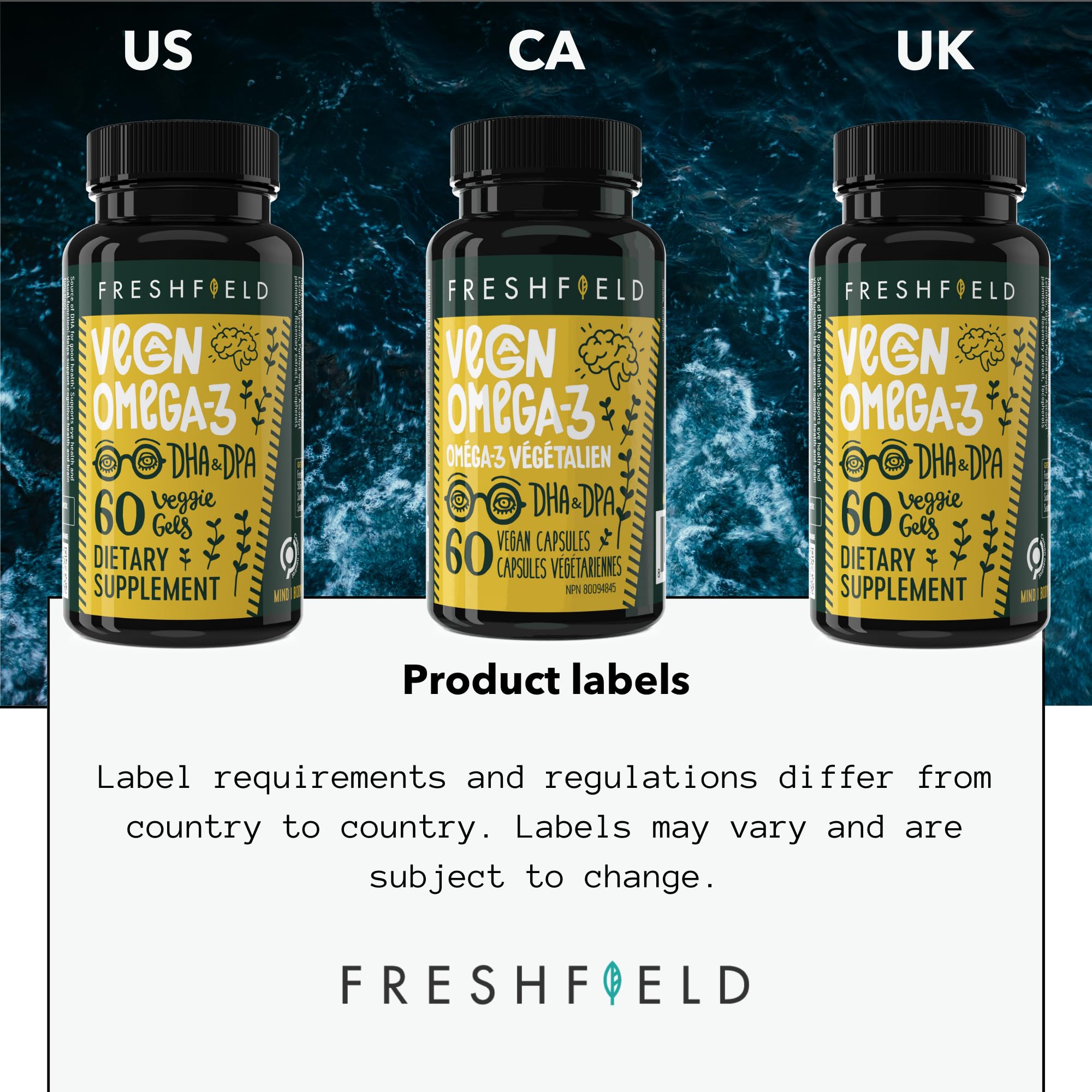 Freshfield Vegan Omega 3 DHA: Sustainably Sourced, Premium, Carrageenan Free, Compostable Bottle, Fish Oil Replacement, Carbon Neutral. Supports Heart, Brain, Joint Health w/DPA (60)