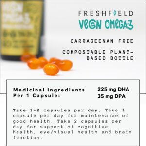 Freshfield Vegan Omega 3 DHA: Sustainably Sourced, Premium, Carrageenan Free, Compostable Bottle, Fish Oil Replacement, Carbon Neutral. Supports Heart, Brain, Joint Health w/DPA (60)