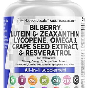 Eye Health Vitamins with Bilberry 6000mg Lutein & Zeaxanthin 40mg Lycopene 40mg Resveratrol 3000mg Grape Seed Extract 6000mg Omega 3 4000mg Astaxanthin - Eye Vitamin - 60 Capsules