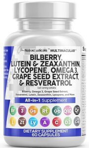 eye health vitamins with bilberry 6000mg lutein & zeaxanthin 40mg lycopene 40mg resveratrol 3000mg grape seed extract 6000mg omega 3 4000mg astaxanthin - eye vitamin - 60 capsules