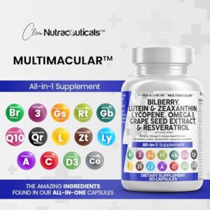 Eye Health Vitamins with Bilberry 6000mg Lutein & Zeaxanthin 40mg Lycopene 40mg Resveratrol 3000mg Grape Seed Extract 6000mg Omega 3 4000mg Astaxanthin - Eye Vitamin - 60 Capsules