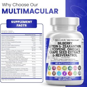 Eye Health Vitamins with Bilberry 6000mg Lutein & Zeaxanthin 40mg Lycopene 40mg Resveratrol 3000mg Grape Seed Extract 6000mg Omega 3 4000mg Astaxanthin - Eye Vitamin - 60 Capsules