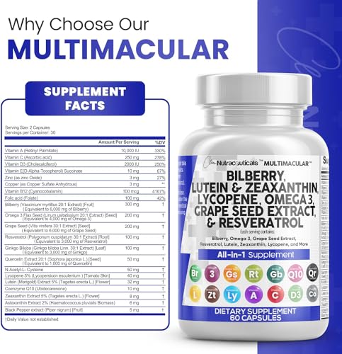 Eye Health Vitamins with Bilberry 6000mg Lutein & Zeaxanthin 40mg Lycopene 40mg Resveratrol 3000mg Grape Seed Extract 6000mg Omega 3 4000mg Astaxanthin - Eye Vitamin - 60 Capsules