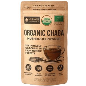 organic chaga mushrooms powder - fine powder to make chaga tea for immune defense and more energy, organic chaga is wild grown and sustainably harvested in europe, certified usda organic, 100 servings