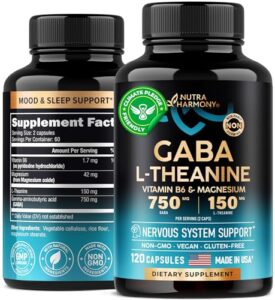 gaba l-theanine 900 mg - made in usa - magnesium | vitamin b6 - calm, sleep, relaxation & mood support - 750 mg gamma aminobutyric acid, 150 mg l-theanine - non-habit forming, vegan - 120 capsules