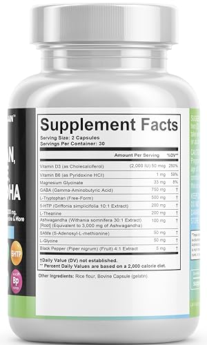 Clean Nutraceuticals GABA 750mg 5 HTP 200mg L Tryptophan 500mg L Theanine 200mg Ashwagandha 3000mg SAM-e L-Glycine - Mood Support Vitamins for Women and Men with L-Tyrosine - Count