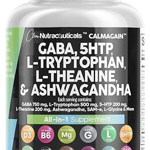 Clean Nutraceuticals GABA 750mg 5 HTP 200mg L Tryptophan 500mg L Theanine 200mg Ashwagandha 3000mg SAM-e L-Glycine - Mood Support Vitamins for Women and Men with L-Tyrosine - Count