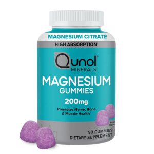 qunol magnesium gummies for adults, 200mg magnesium citrate high absorption supplement, supports nerve/bone health, muscle health, vegetarian, 90 count (pack of 1)