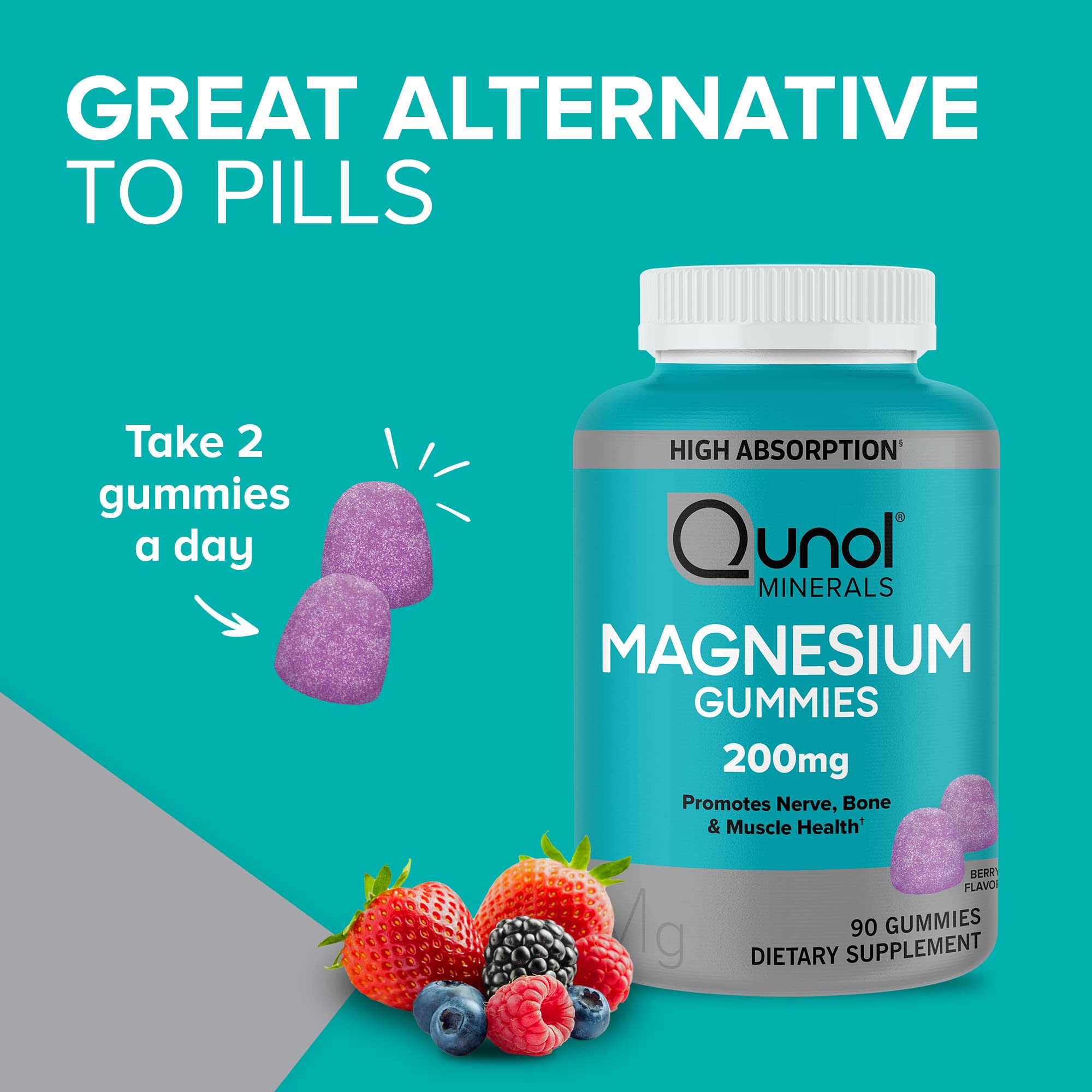 Qunol Magnesium Gummies for Adults, 200mg Magnesium Citrate High Absorption Supplement, Supports Nerve/Bone Health, Muscle Health, Vegetarian, 90 Count (pack of 1)