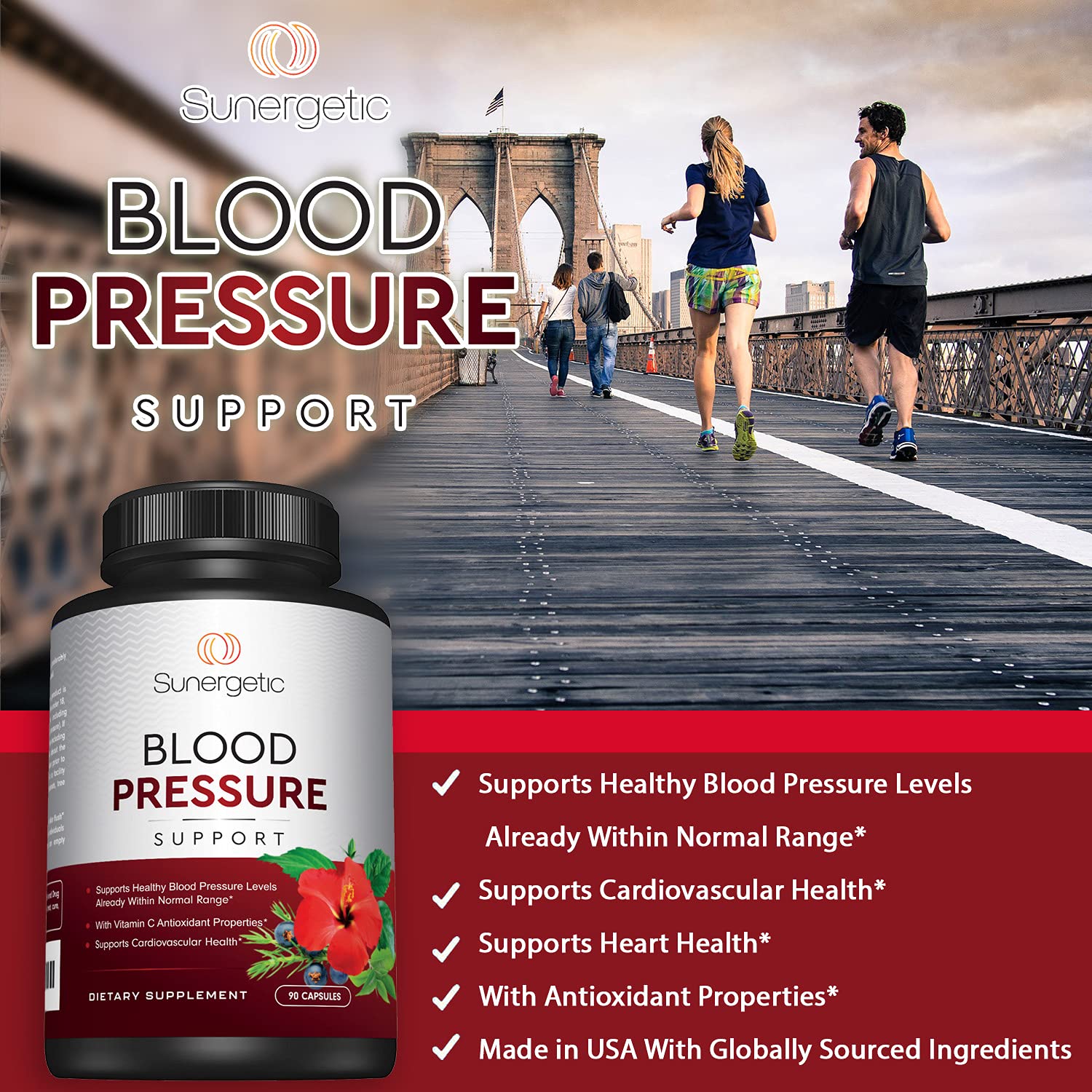 Premium Blood Pressure Support Supplement For Cardiovascular & Heart Health with Garlic, Hawthorn & Hibiscus - 90 Capsules