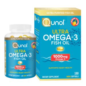 qunol fish oil omega 3 mini softgels, 1000mg omega 3 epa + dha, ultra pure supplements, heart health support, lemon flavor, easy to swallow minis, 3 month supply, 180 count