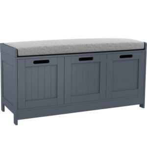 homefort shoe storage bench, wooden shoe bench with 3-door cabinets, entry way home organizer bench, entryway bench with padded cushion seat, grey storage bench for bedroom.