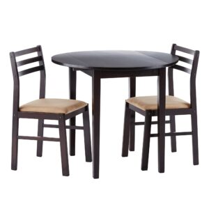 coaster home furnishings 3-piece round wood dining room set drop leaf extension table ladder back side chairs upholstered seat cushions cappuccino and tan 130005