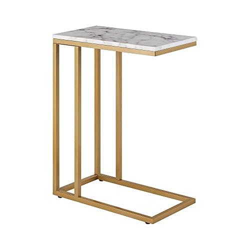 ROSEN GARDEN C-Shape Side End Table, Faux Marble Tray Snack Table with Metal Frame, Laptop Coffee Holder, Modern Furniture (Gold,1pcs)