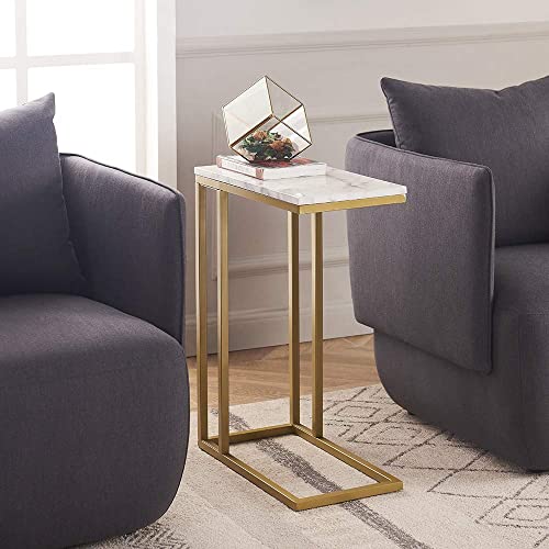 ROSEN GARDEN C-Shape Side End Table, Faux Marble Tray Snack Table with Metal Frame, Laptop Coffee Holder, Modern Furniture (Gold,1pcs)